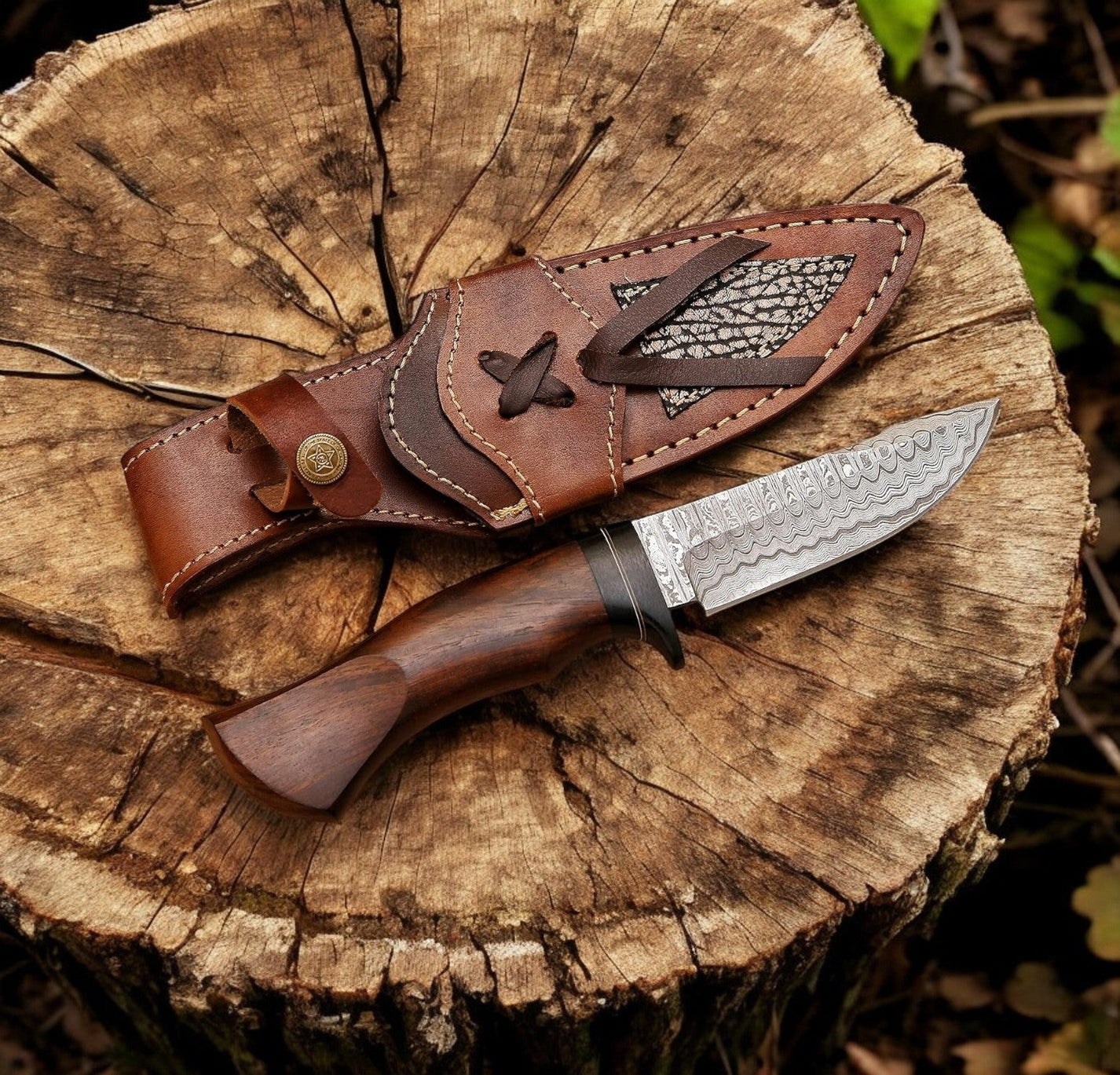 Handmade Damascus Hunting Knife – 10" with Rosewood Handle – Bumpkin ...